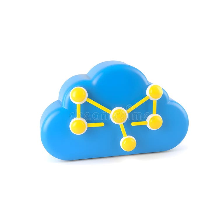 3D Render of a Blue Cloud Computing Network Icon with Yellow Nodes and ...