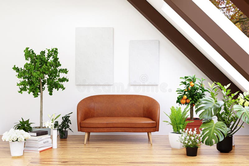 3d Rendered Illustration of an Attic Living Room. Stock Illustration ...