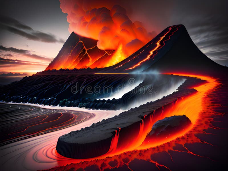 3d Rendered Illustration of a Beautiful Sunset with a Volcano and ...