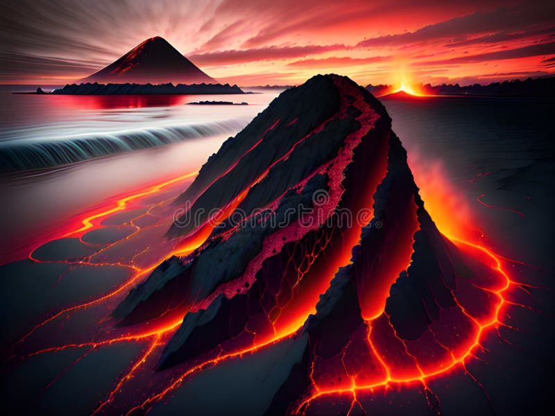 3d Rendered Illustration of a Beautiful Sunset with a Volcano and ...