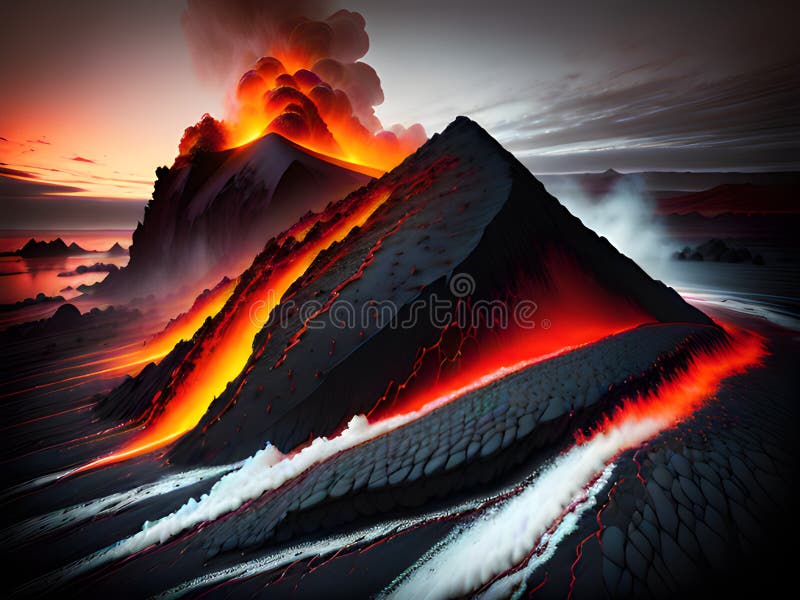 3d Rendered Illustration of a Beautiful Sunset with a Volcano and ...