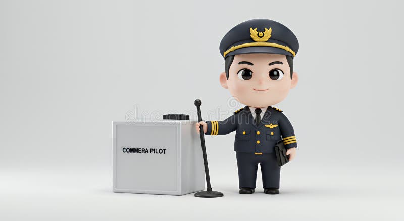 3D Rendered Chibi Pilot in Dark Uniform Near a Box on White Background ...
