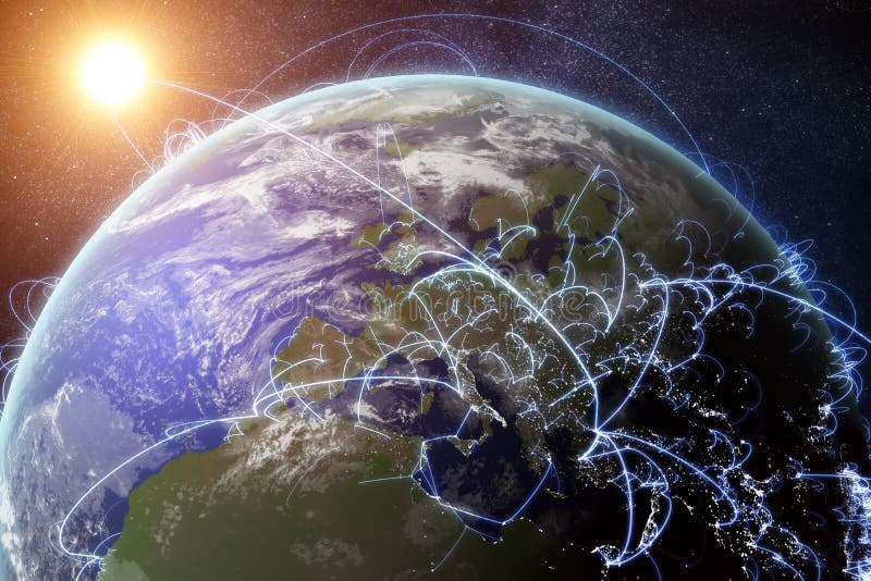 3D Rendered Illustration of Earth and Connected Cities. Global Network ...