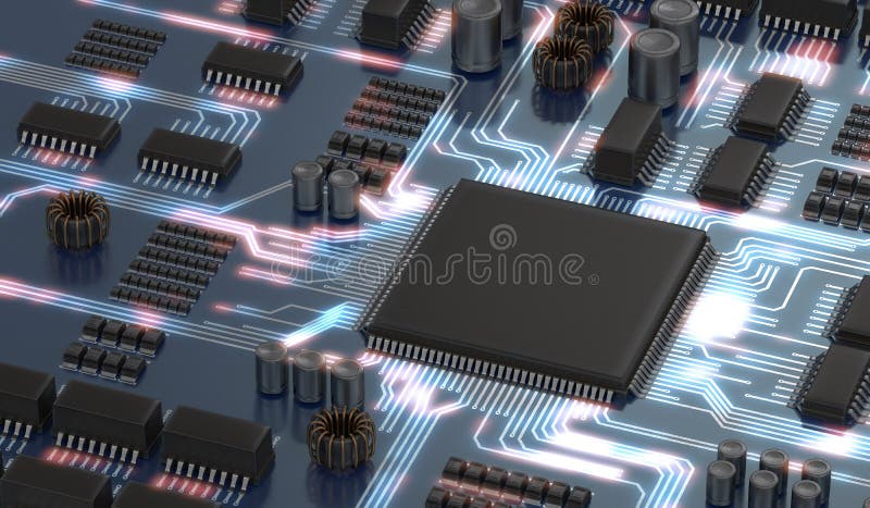 3D Rendered Illustration of Electronical Circuit with Microchip or ...