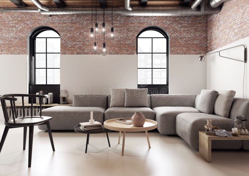 3d Rendered Illustration of a Loft, Modern Interior, Living Room with a ...