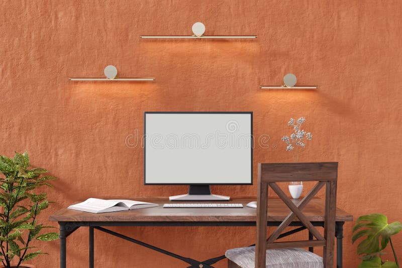 3d Rendered Illustration Pf a Blank Computer Screen on a Woking Table ...