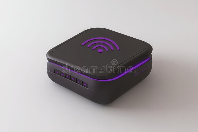 A 3D-rendered Illustration of a Portable Wi-Fi Device with a Purple Wi ...