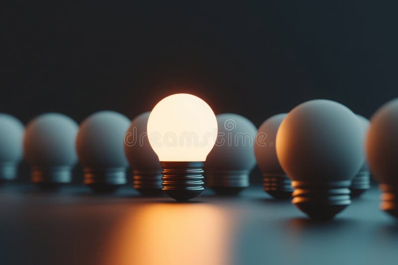 A 3D-rendered Row of Light Bulbs with One Bright Illuminated Bulb ...