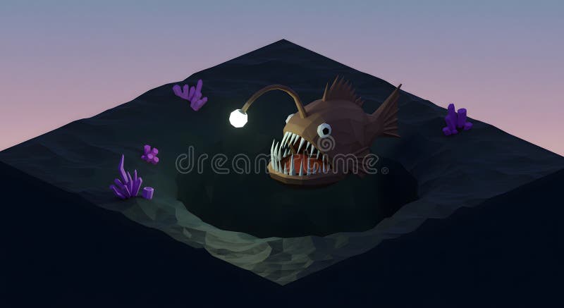 Low Poly Anglerfish in Deep Sea Abyss: a 3D Render of a Bioluminescent ...