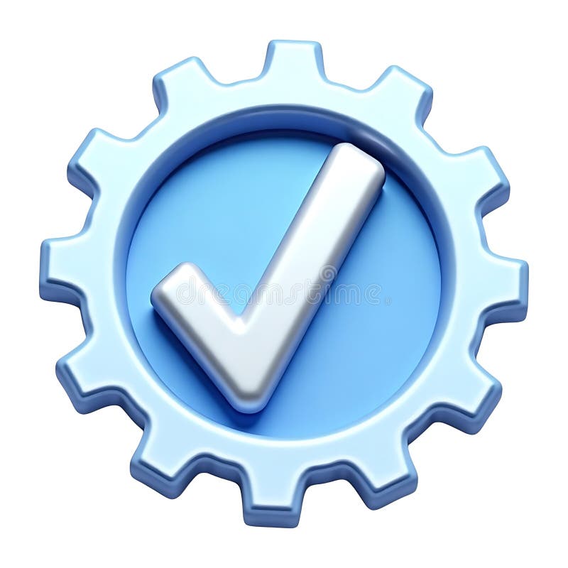 Blue Gear with Silver Checkmark on White 3D Render Success Concept ...