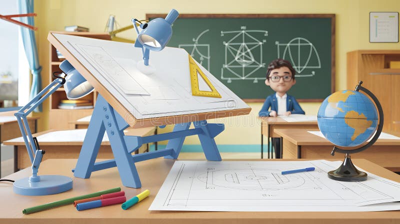 3D Render of a Classroom Setup with Drawing Table, Lamps, Globe, and ...