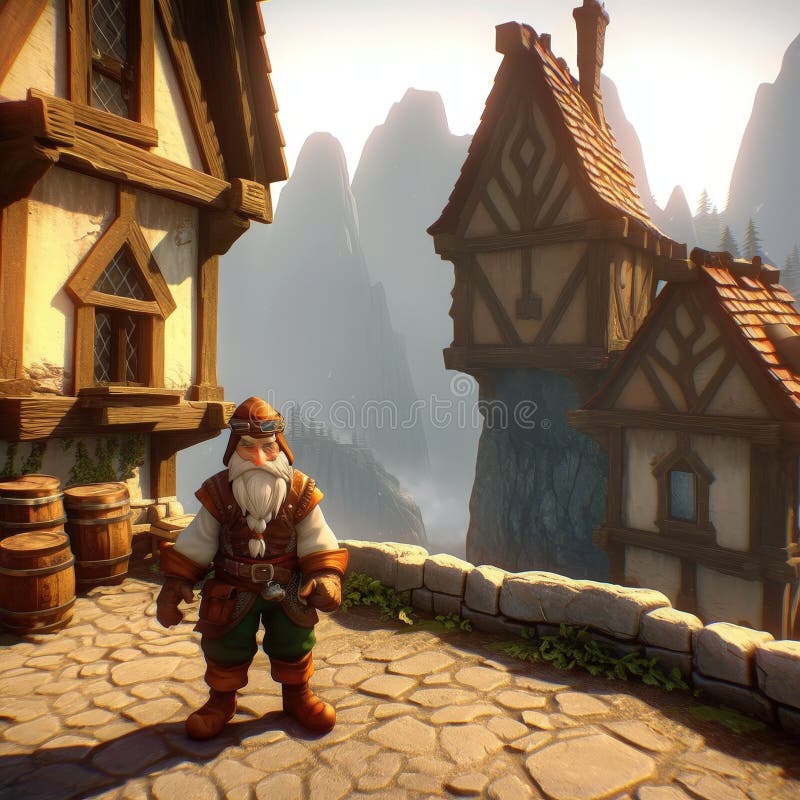 Dwarf in Medieval Mountain Village Stock Illustration - Illustration of ...