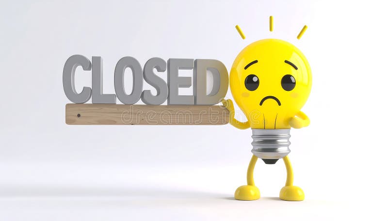 Sad Light Bulb Holding "Closed" Sign Stock Illustration - Illustration ...