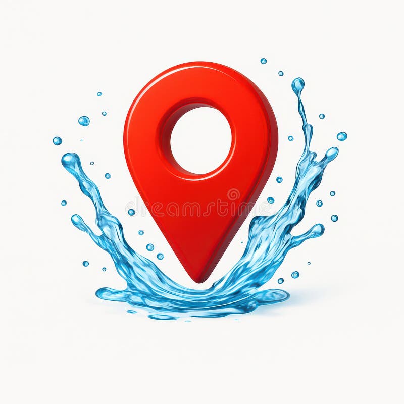 Red Location Pin with Water Splash and Droplets on White Background ...