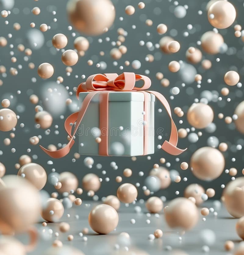 3D Rendering of Floating Gift Box with Festive Spheres and Ribbon in ...