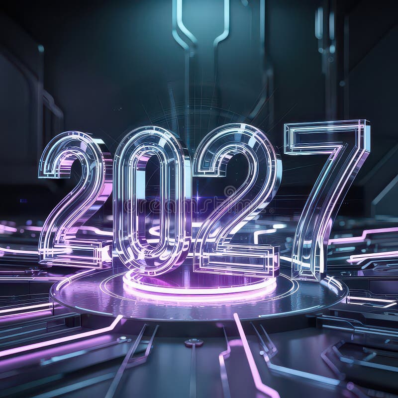 Futuristic 2027 Neon Numbers on Circuit Board Platform Stock ...