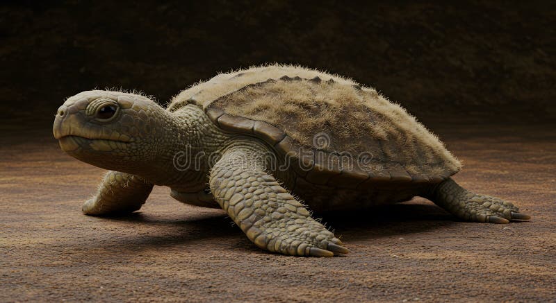 A Detailed 3D Render of an Ancient, Hairy Turtle Crawling on Brown ...