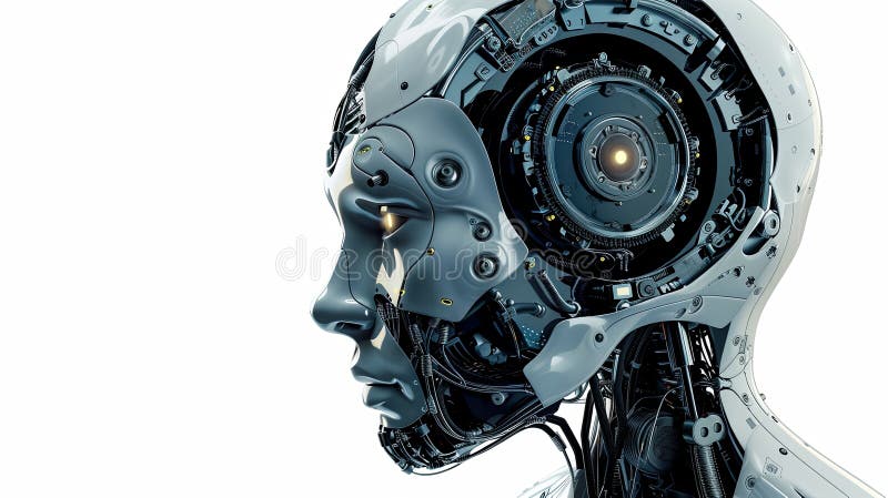 A 3D Rendered Image of a Metallic AI Robot Head with Visible Digital ...