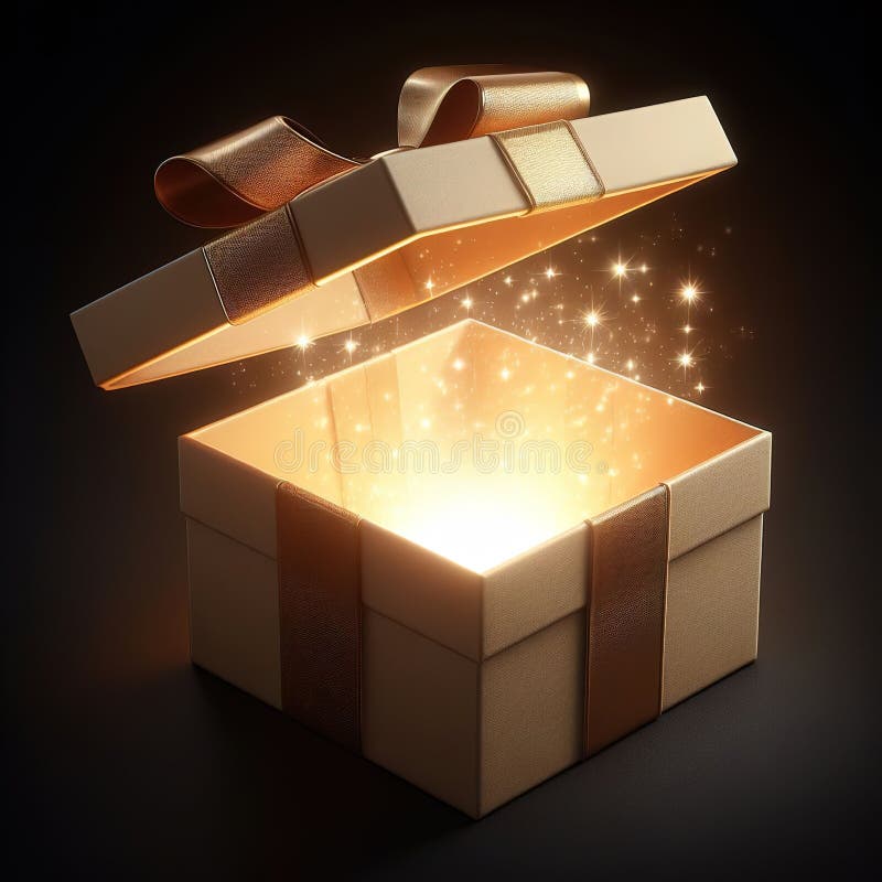 Open Gift Box with Golden Ribbon and Sparkling Light Stock Illustration ...