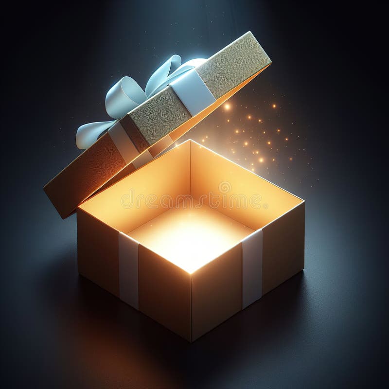 Open Gift Box with Golden Ribbon and Sparkling Light Stock Illustration ...