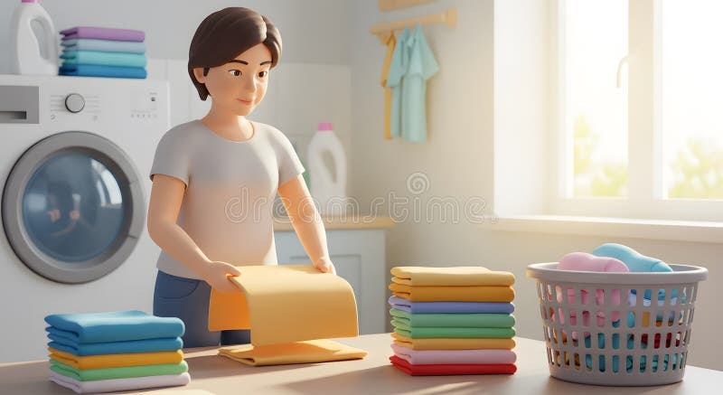 3D Render of a Person Folding Laundry in a Bright Laundry Room Stock ...