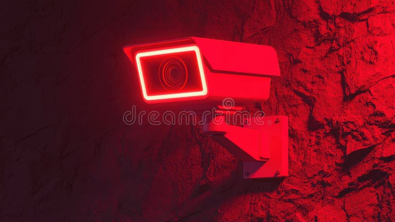 Red Neon CCTV Camera Security Surveillance System on Dark Wall Stock ...