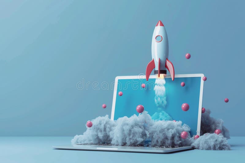 Rocket Launch from Laptop Symbol of Digital Growth Stock Illustration ...