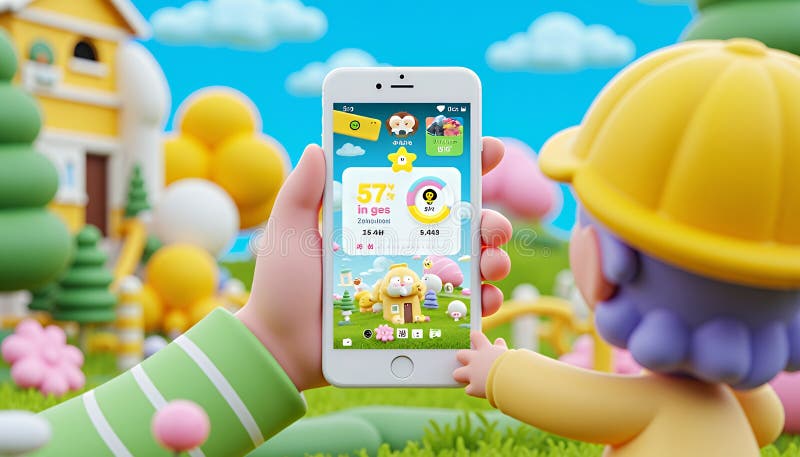 Playful Child Using Colorful Cartoon App on Smartphone in Whimsical 3D ...