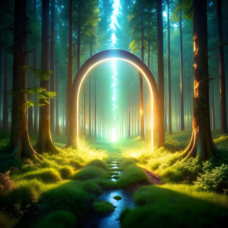 3D-Rendered Landscape with Glowing Portal in a Serene 2D Forest Stock ...