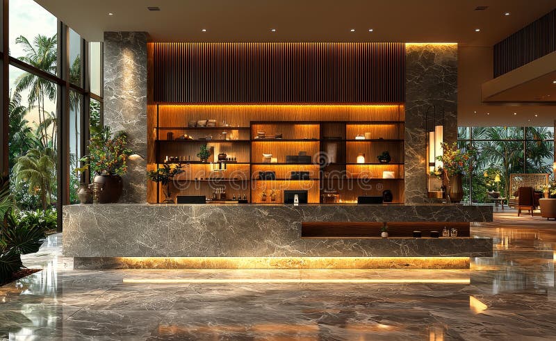 A 3D Rendered Luxury Hotel Reception Hall and Office Featuring a ...
