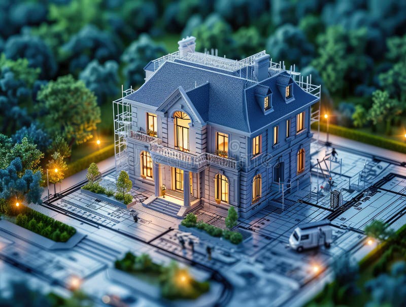 3D Rendered Mansion with Blueprint Stock Illustration - Illustration of ...