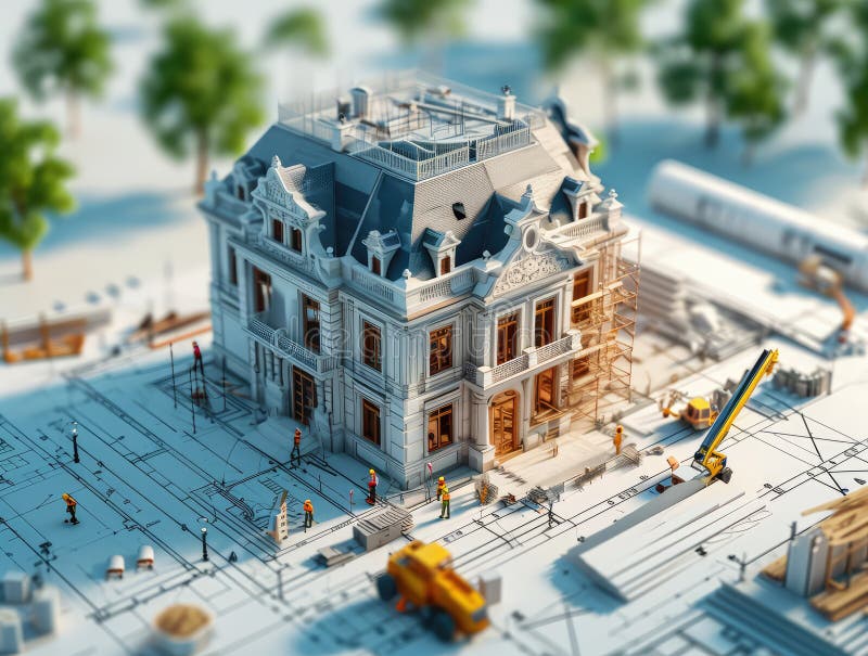 3D Rendered Mansion with Blueprint Stock Illustration - Illustration of ...