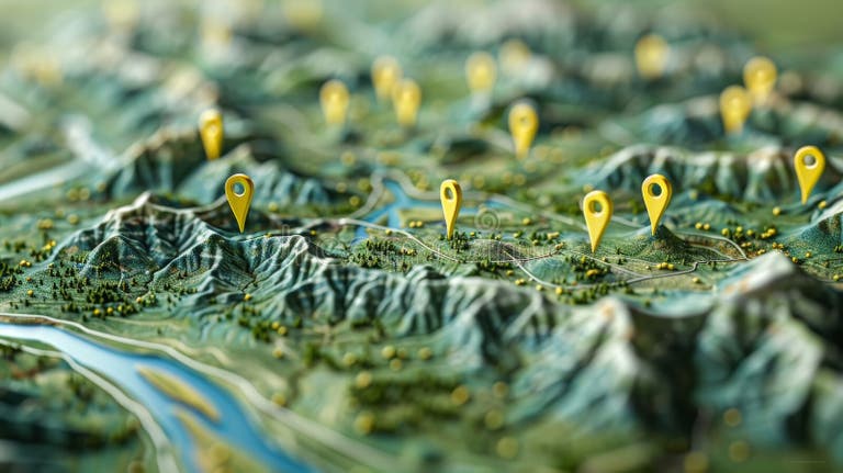 3d Rendered Map with Location Markers in Mountainous Terrain Stock Illustration - Illustration ...