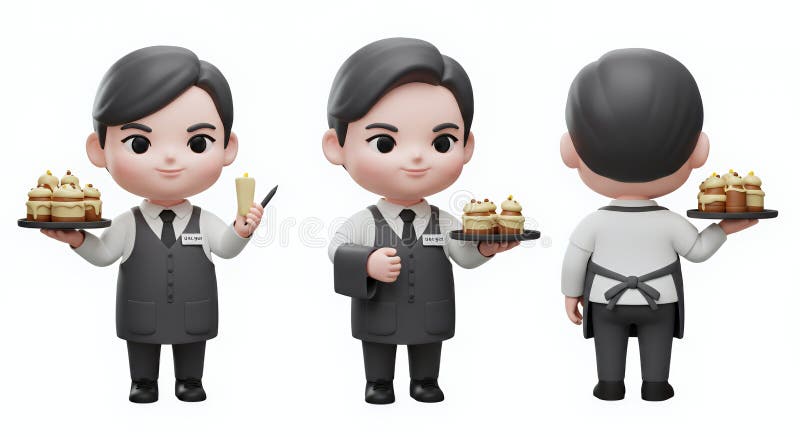 Chibi Korean Waiter 3D Model: Cute Cartoon Character in Gray Vest with ...