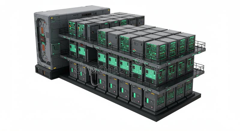 A 3D-rendered Model of a Futuristic Server Farm or Data Center. the ...
