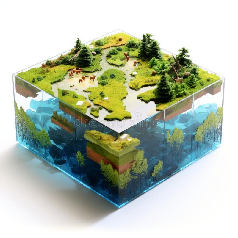 Pixelated Glass Box: 3d Model of a Colorful Tree Covered Land Stock ...