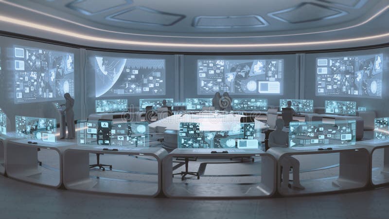 3D Rendered, Modern, Futuristic Command Center Interior with People ... 3D Rendered, Modern, Futuristic Command Center Interior with People ...