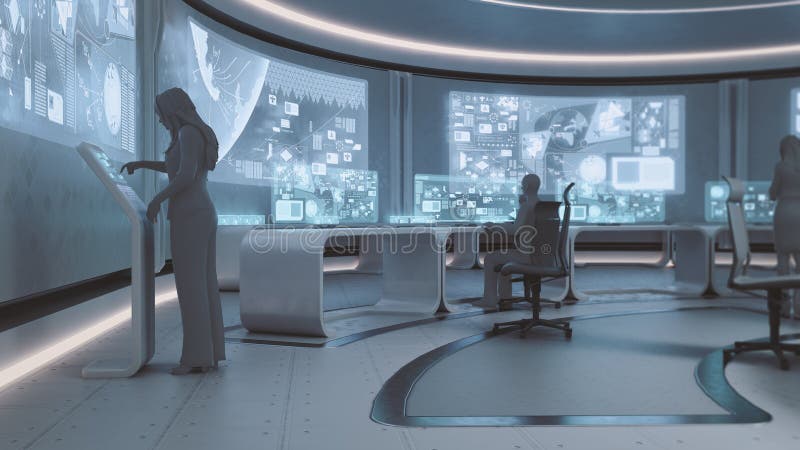 3D Rendered, Modern, Futuristic Command Center Interior with People ...