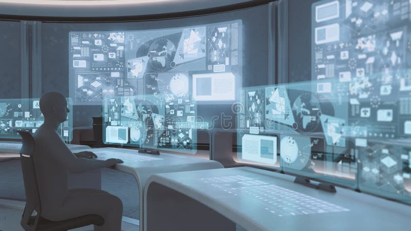 3D Rendered, Modern, Futuristic Command Center Interior with People ...