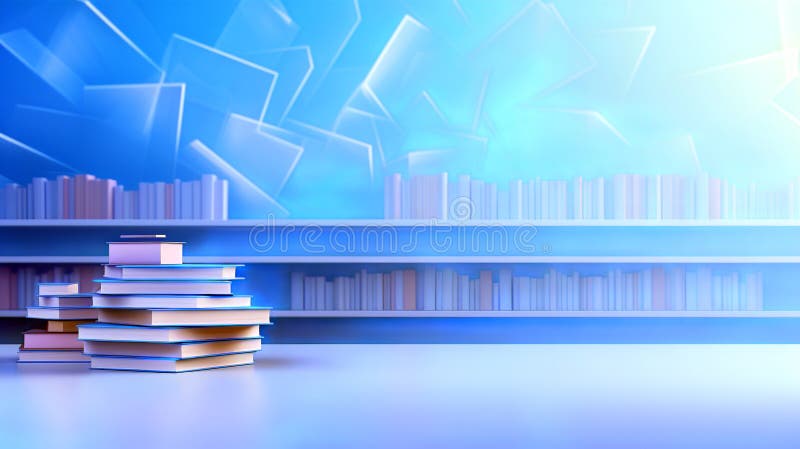 A 3D-rendered Modern Library Scene with Glowing Blue Books on Shelves ...