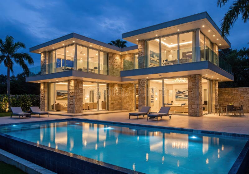 3D Rendered of Modern Luxury Villa with an Infinity Pool, Floor-to ...