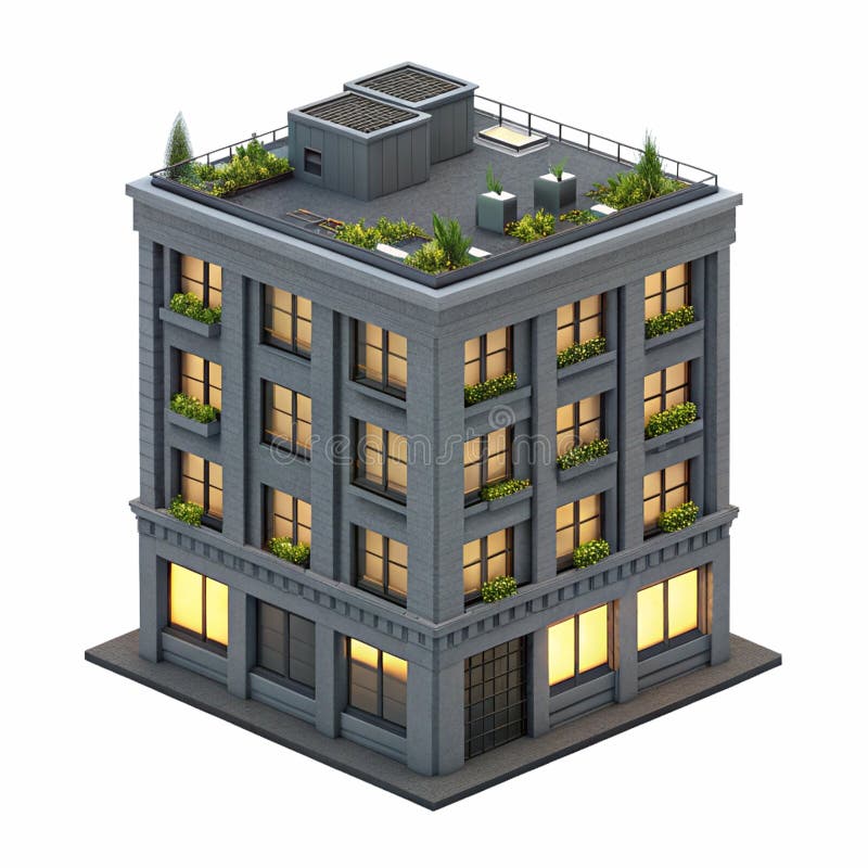 3D Rendered Modern Multi Story Building with Warm Lighting Stock ...