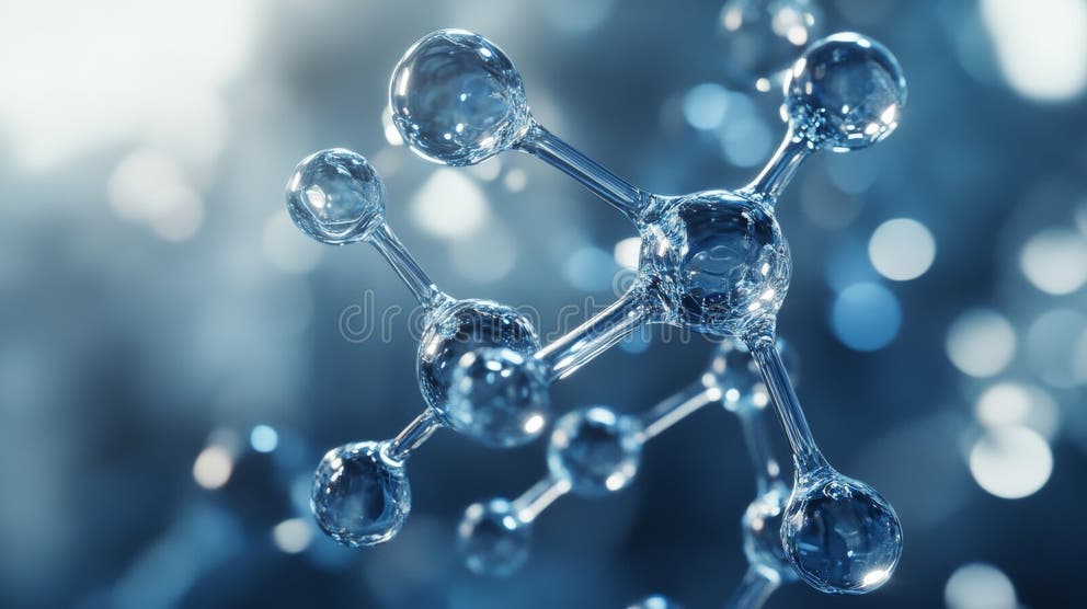 3D Rendered Molecular Structure Glassy Atoms, Blue Gradient Background ...