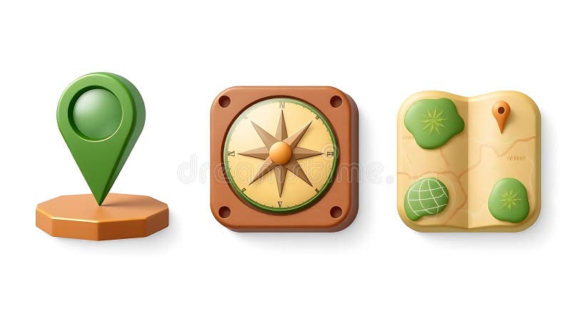 3D Rendered Navigation Icons: Map, Compass, Location Pointer for Travel ...
