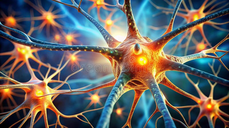 3D Rendered Neuron with Dynamic Orange Synapses Representing ...