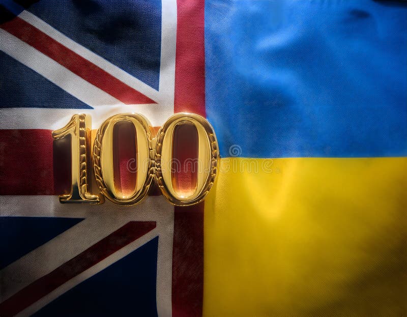 A 3D Rendered Number 100 in Gold Against a Split Union Jack Background ...