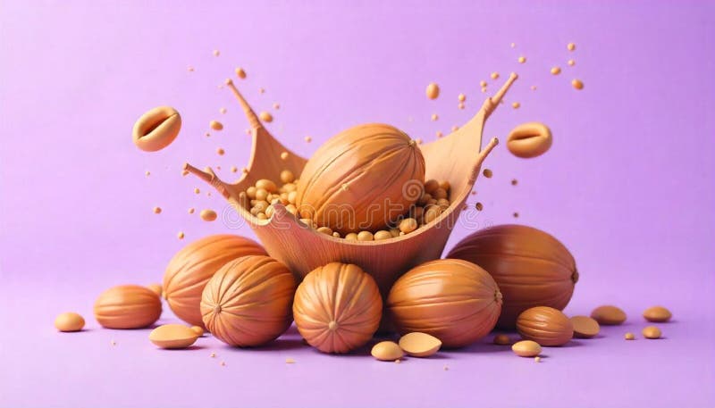 3D Rendered Nuts and Splash in a Purple Environment Stock Illustration ...