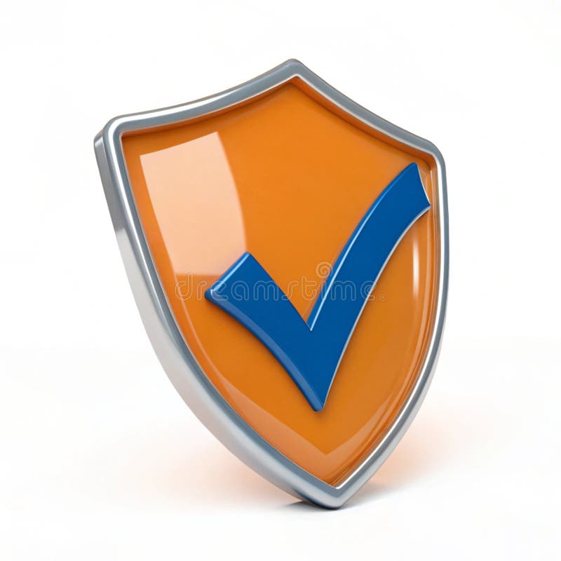 3D Orange Shield with Blue Checkmark Isolated on White Background Stock ...