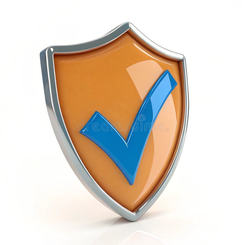 3D Orange Shield with Blue Checkmark Isolated on White Background Stock ...