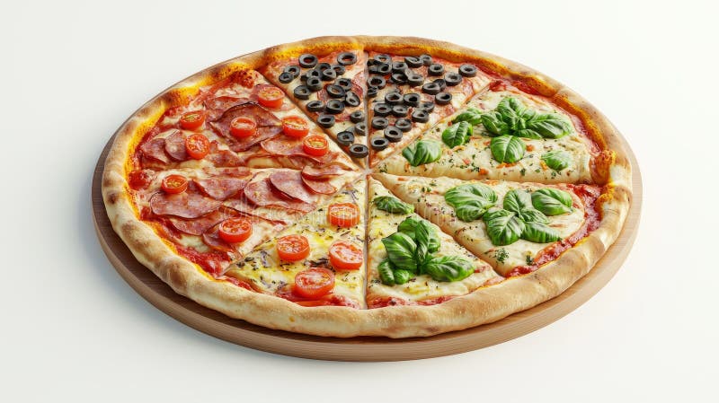 3D Rendered Pizza with Four Sections and Varied Toppings Stock ...